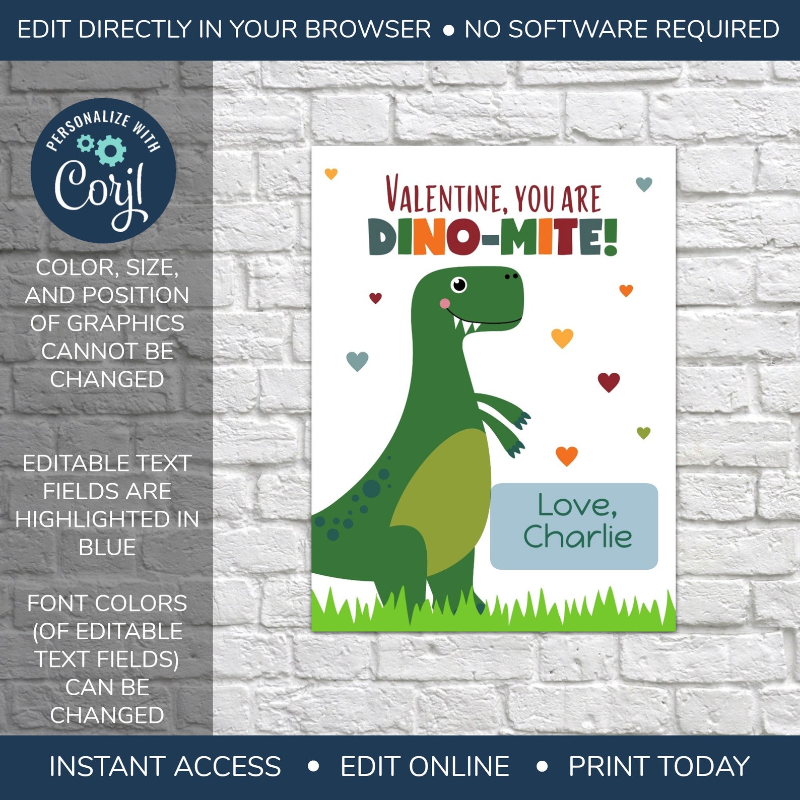 EDITABLE Classroom Valentine's Day Cards, You're Dino-mite, Dinosaur ...