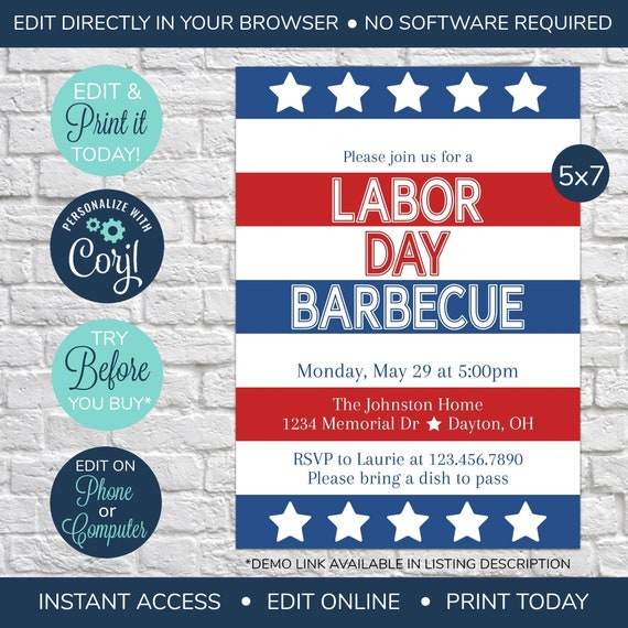 EDITABLE Labor Day Invitation Labor Day Weekend Party Summer | Etsy