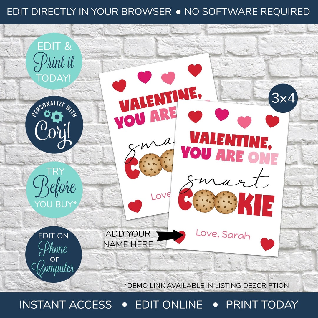 EDITABLE Classroom Valentine's Day Cards, You Are One Smart Cookie ...
