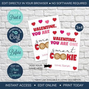 EDITABLE Classroom Valentine's Day Cards, You Are One Smart Cookie ...