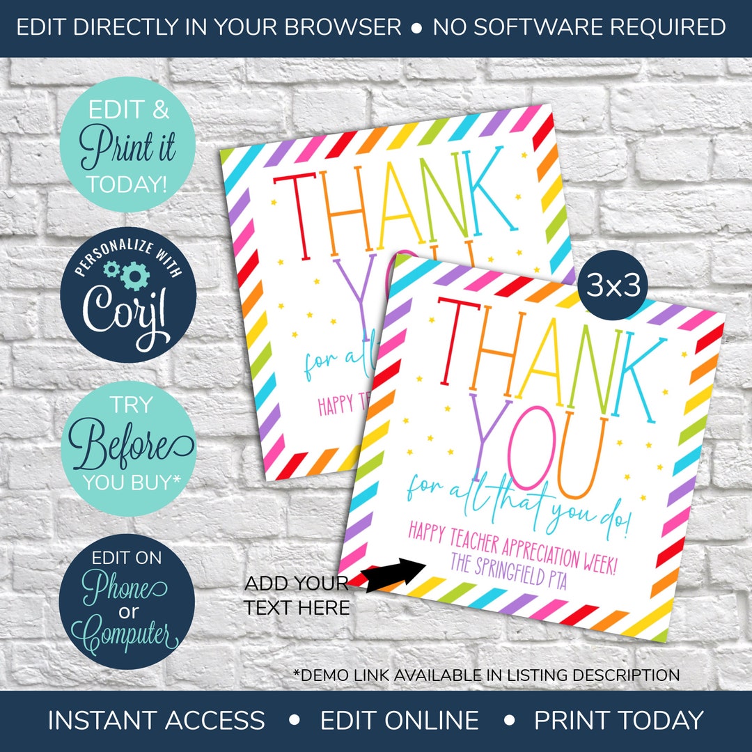 EDITABLE Teacher Appreciation Gift Tag, Teacher Staff Employee School ...