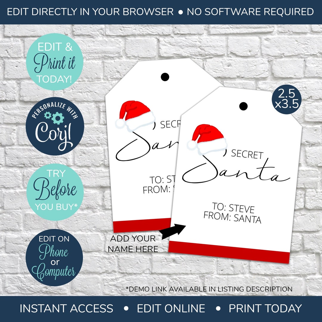 Secret Santa Gift Tags, Christmas Favor Tags, Printable Favor Tags ...