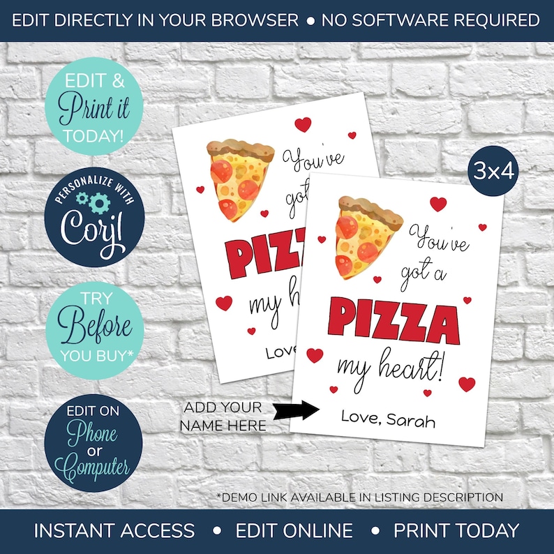EDITABLE Classroom Valentine's Day Cards Pizza My Heart - Etsy