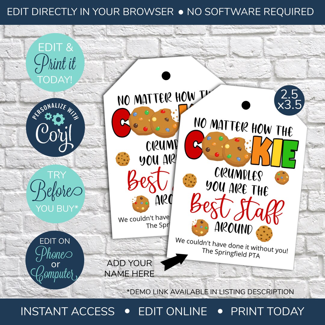 EDITABLE Cookie Appreciation Gift Tag, Teacher Staff Employee School ...