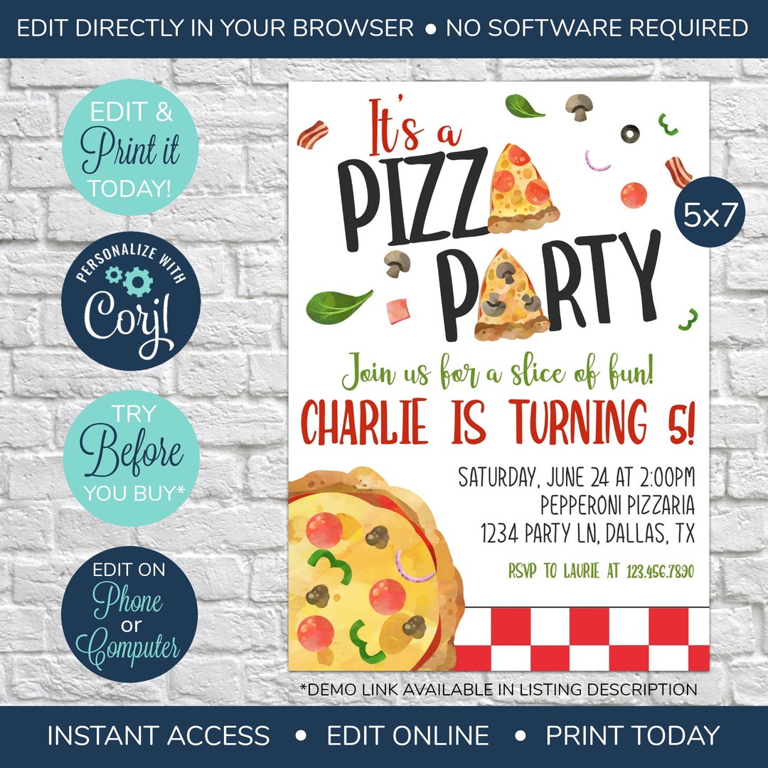 EDITABLE Pizza Party Birthday Invitation, Pizza Invitation, Birthday ...
