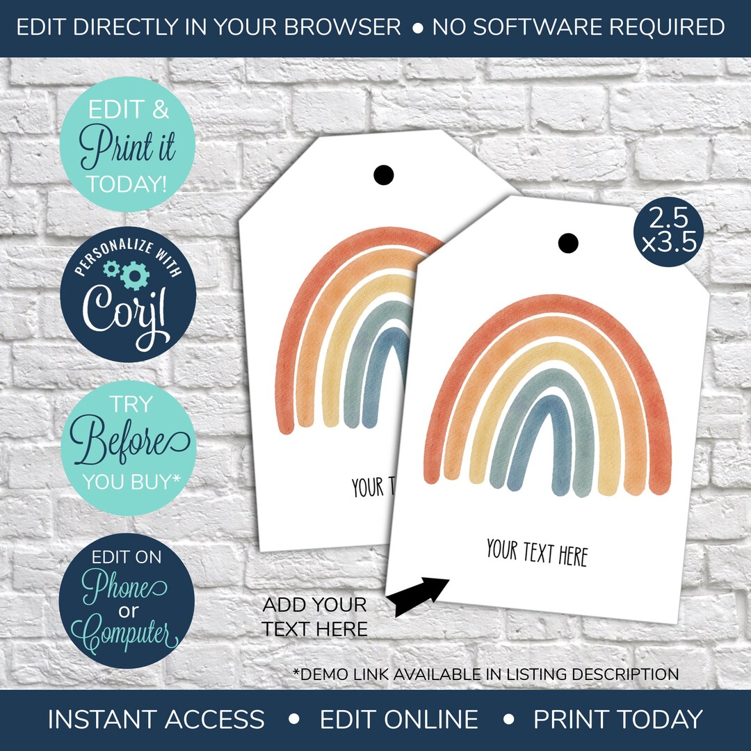 EDITABLE Boho Rainbow Tags, Customizable Tags. Printable Rainbow Tags ...
