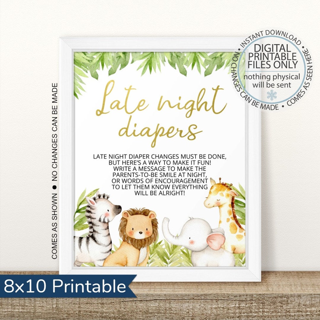Late Night Diapers Game, Printable Jungle Baby Shower Sign, Baby Shower ...