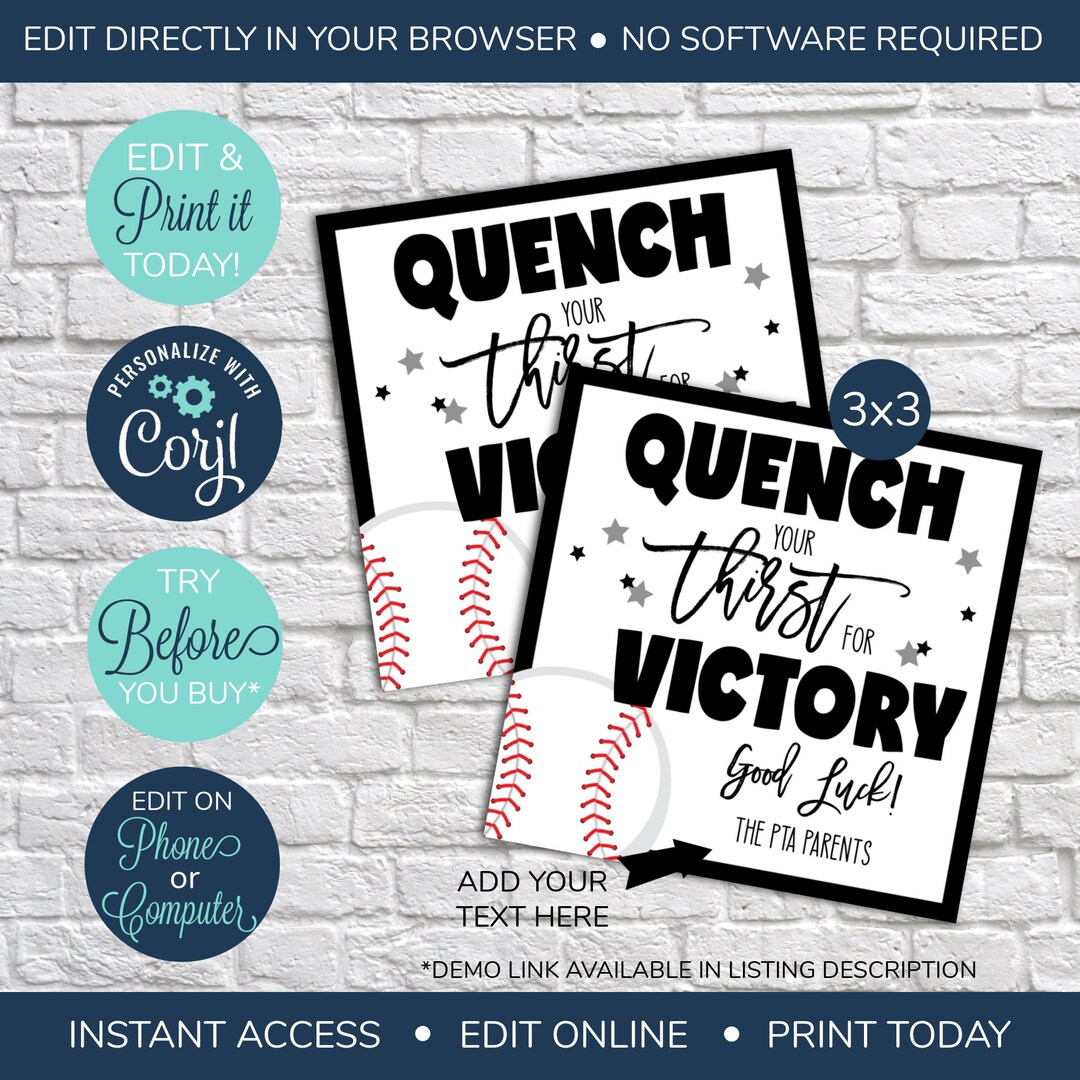 EDITABLE Good Luck Baseball Tag, Quench Your Thirst for Victory Tag ...