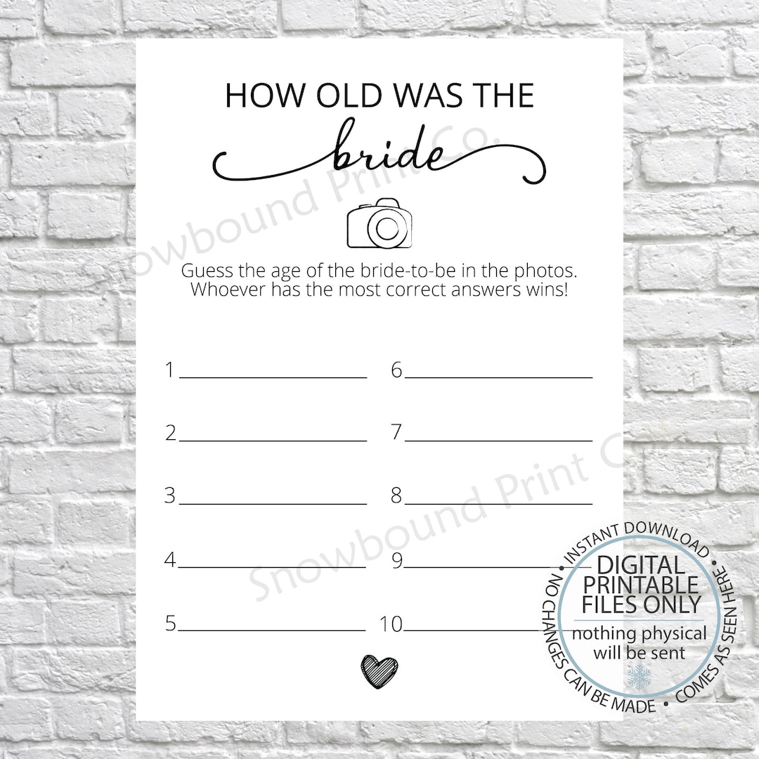Printable How Old Was the Bride, Guess Brides Age, Wedding Shower ...