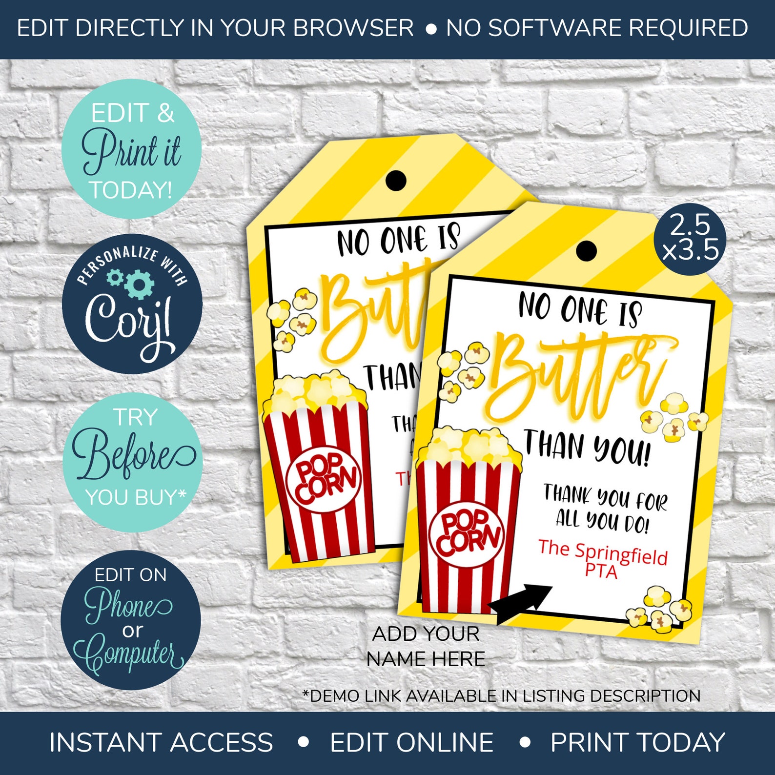 EDITABLE Popcorn Appreciation Gift Tag, Teacher Staff Employee School ...