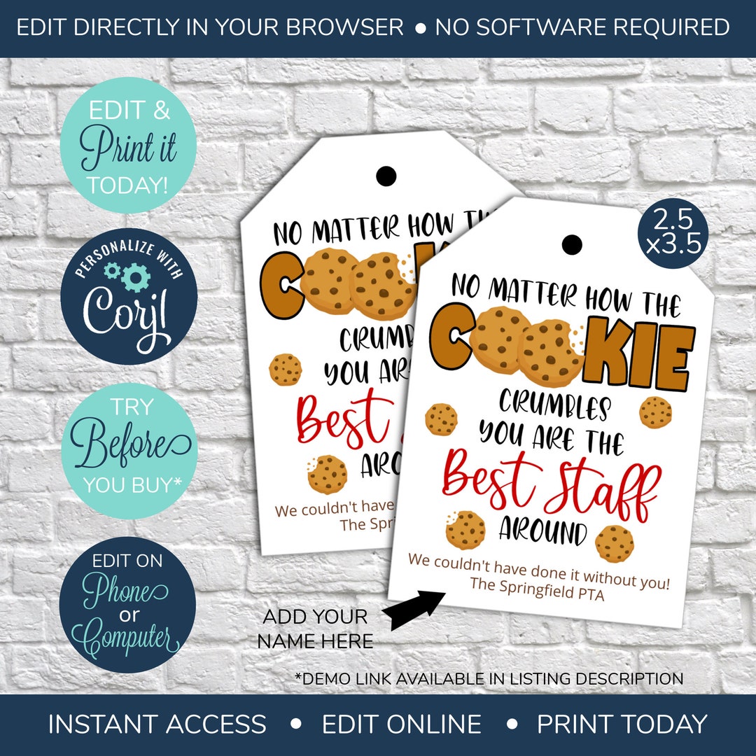 EDITABLE Cookie Appreciation Gift Tag, Teacher Staff Employee School ...