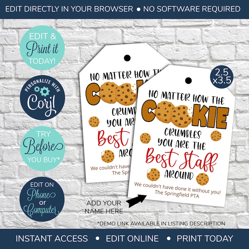 EDITABLE Cookie Appreciation Gift Tag Teacher Staff Employee - Etsy