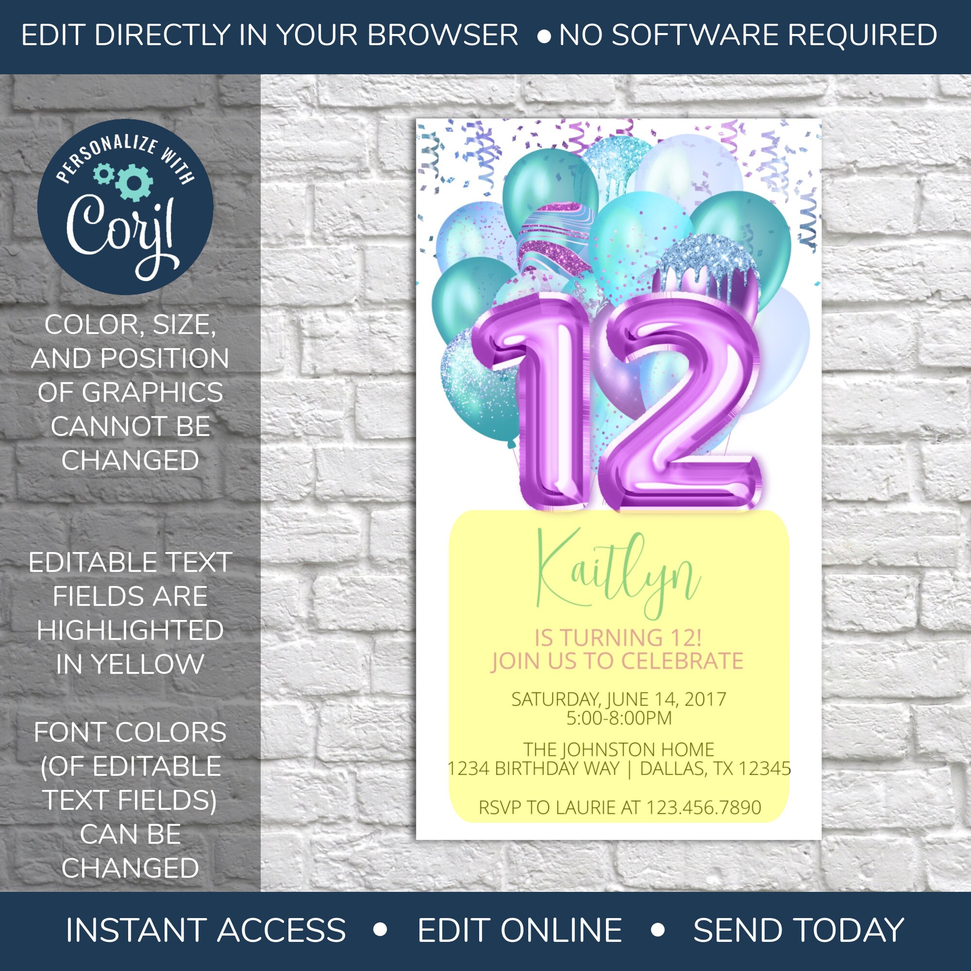 EDITABLE Electronic 12th Birthday Invitation Balloon Birthday - Etsy