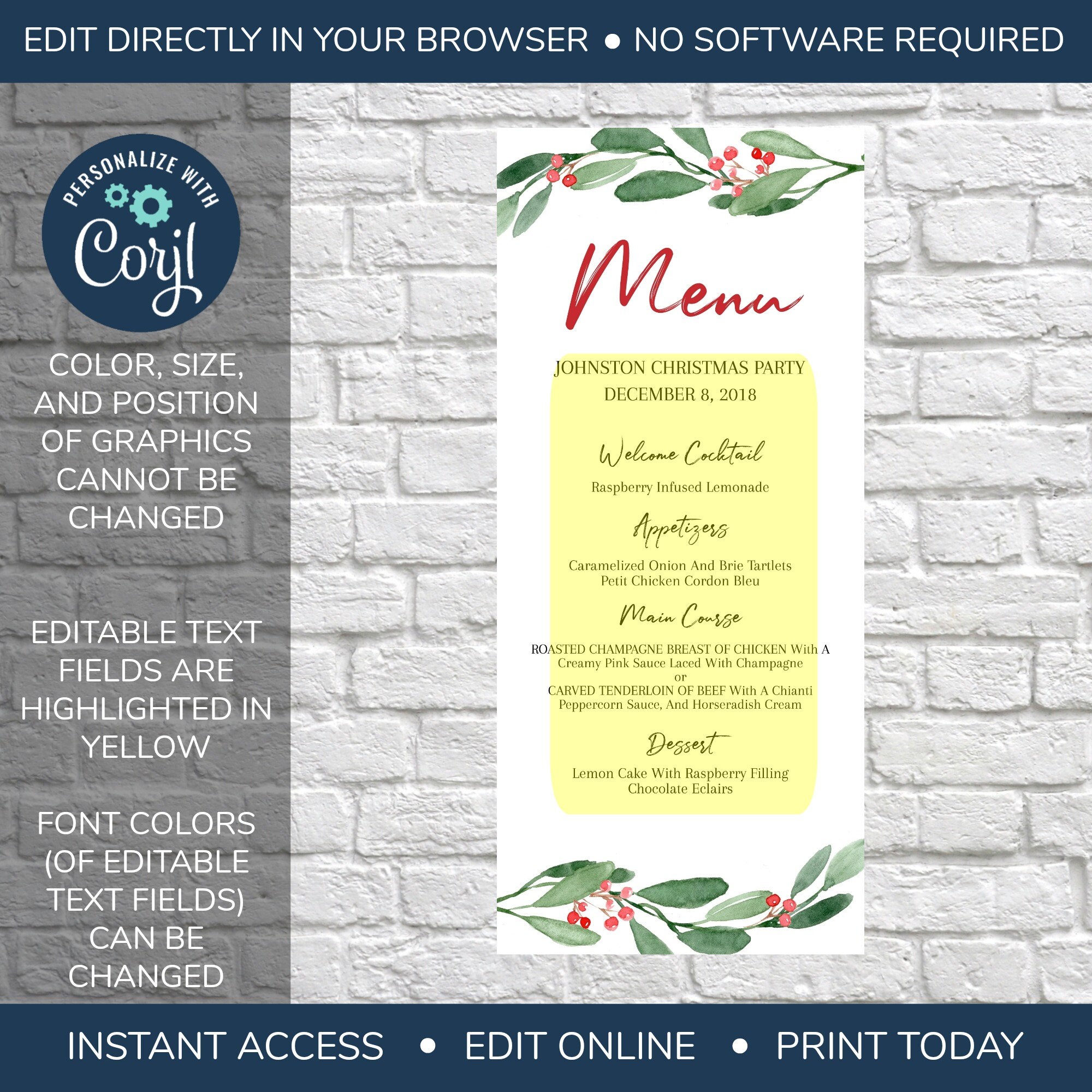 EDITABLE Christmas Menu Card Template, Holiday Menu Card, Menu Template ...