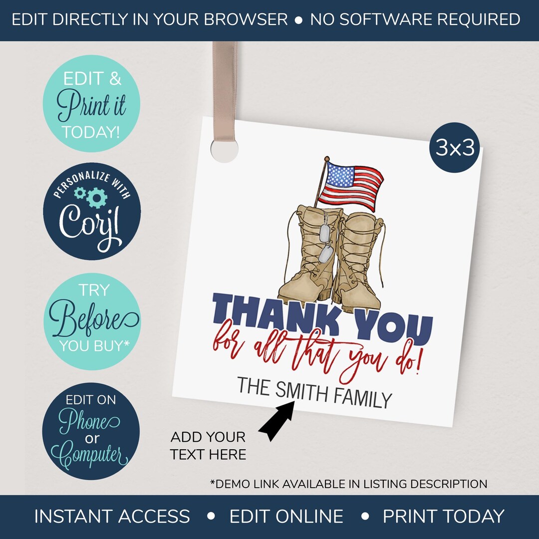 EDITABLE Military Thank You Gift Tag, Thank You for Your Service ...