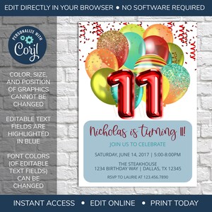EDITABLE 11th Birthday Invitation, Balloon Birthday Party Invitation ...