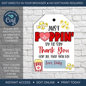 EDITABLE Popcorn Appreciation Gift Tag, Hospital Staff Employee, Nurse ...