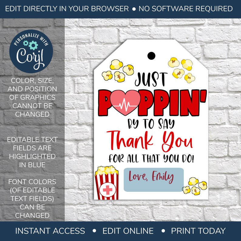 EDITABLE Popcorn Appreciation Gift Tag Hospital Staff | Etsy