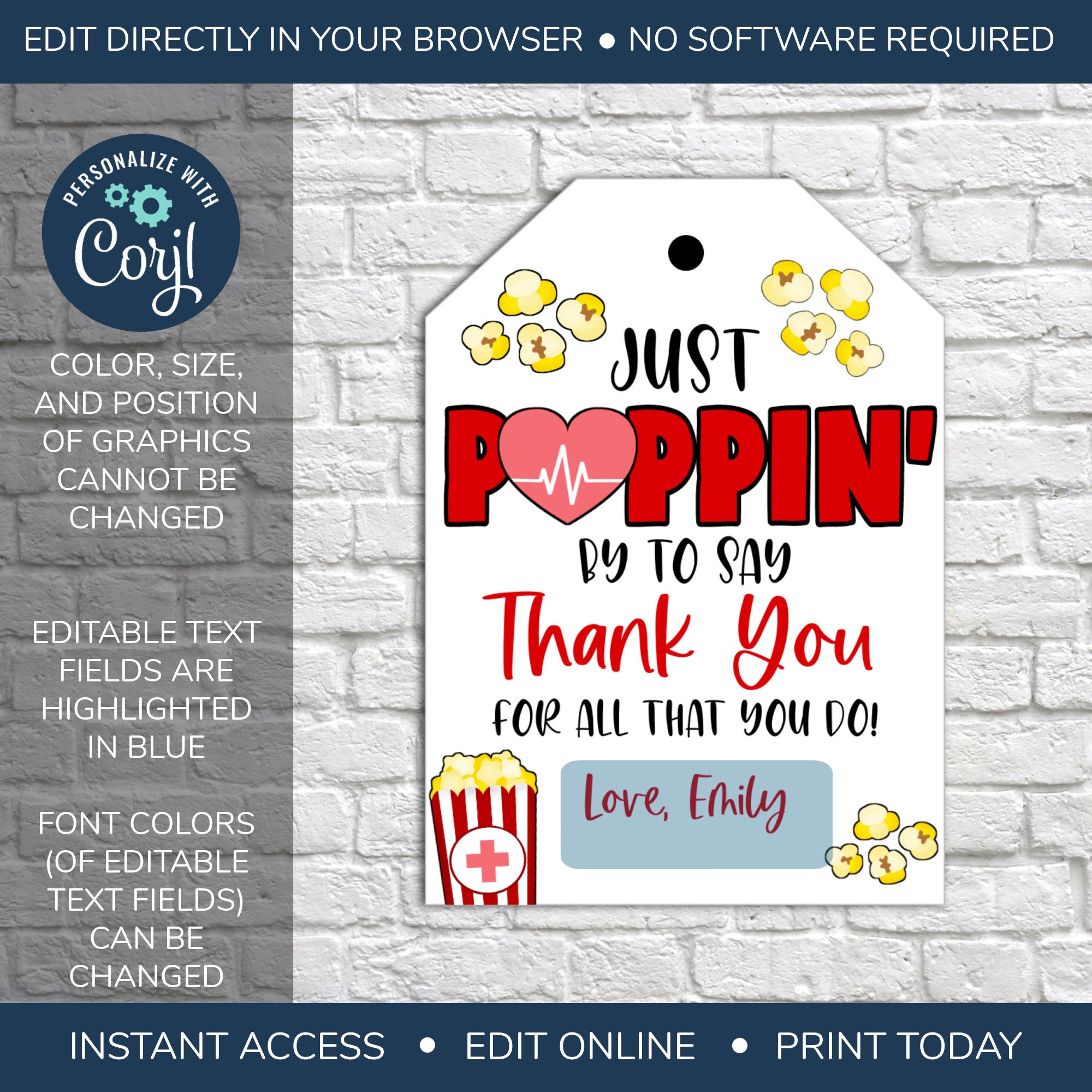 EDITABLE Popcorn Appreciation Gift Tag, Hospital Staff Employee, Nurse ...