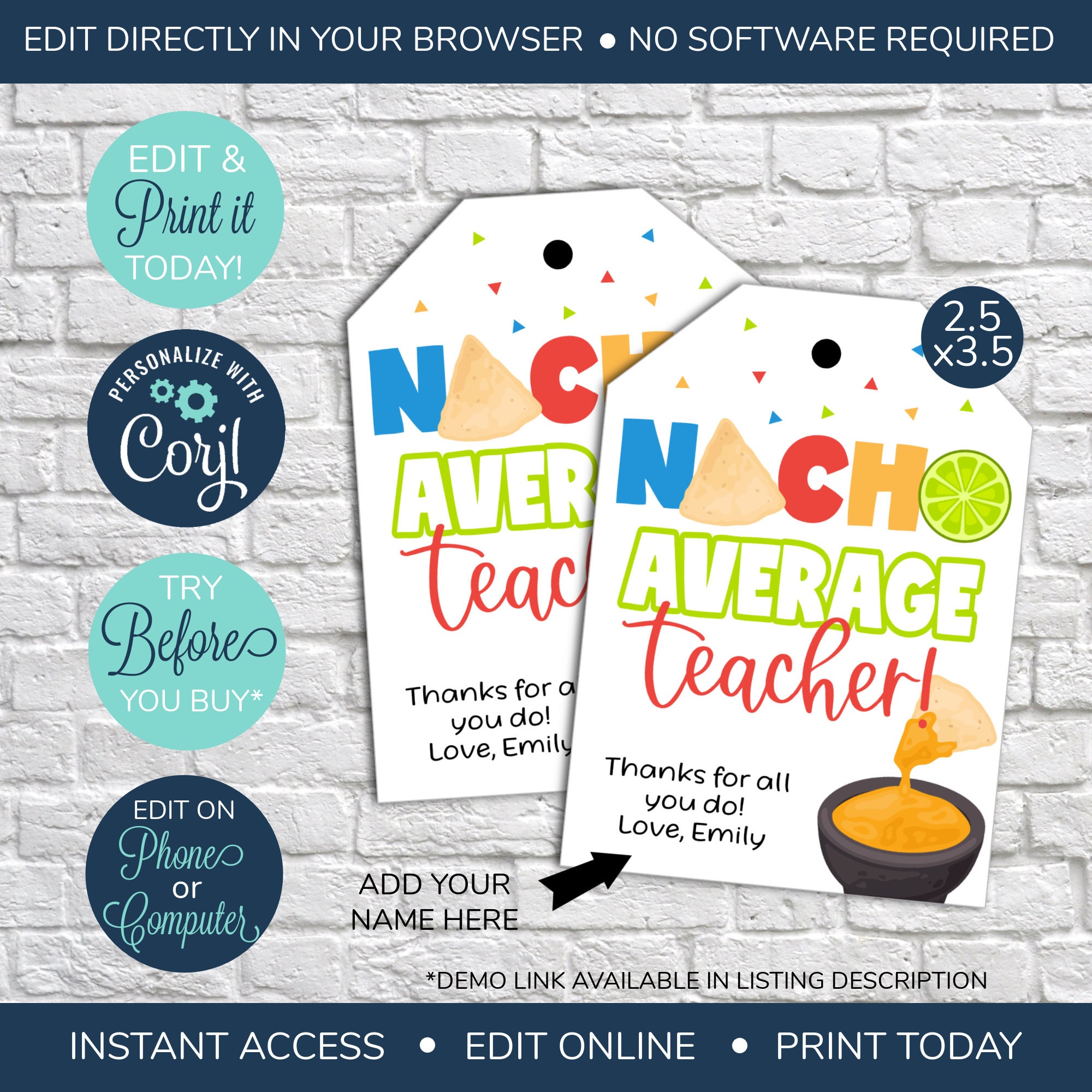 EDITABLE Nacho Average Teacher Tags, Printable Thank You Teacher Gift ...