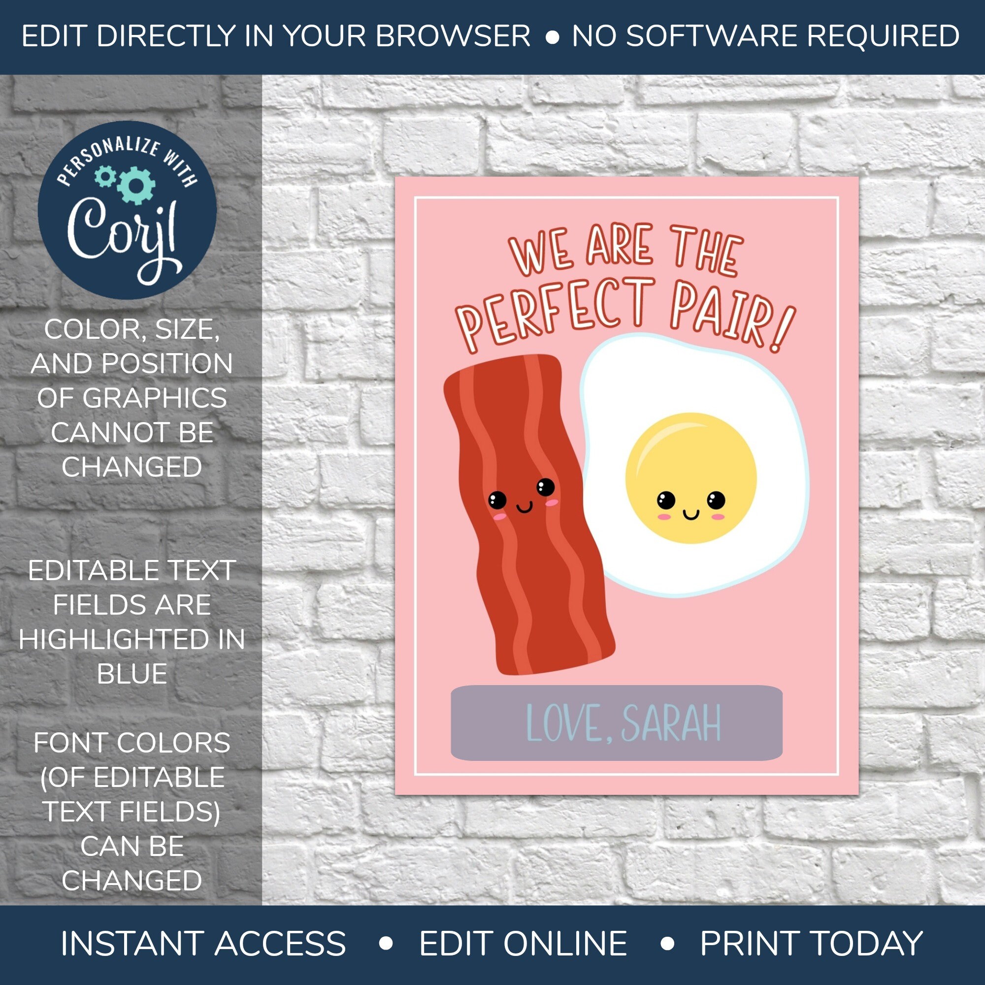 EDITABLE Perfect Pair Valentine's Day Cards, Bacon and Eggs Valentine ...