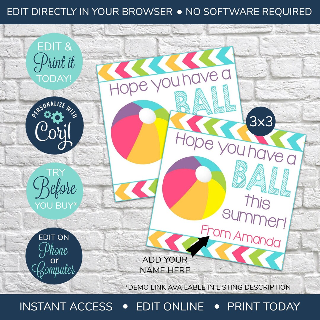 EDITABLE Hope You Have a Ball This Summer Tag, End of School Year Tag ...
