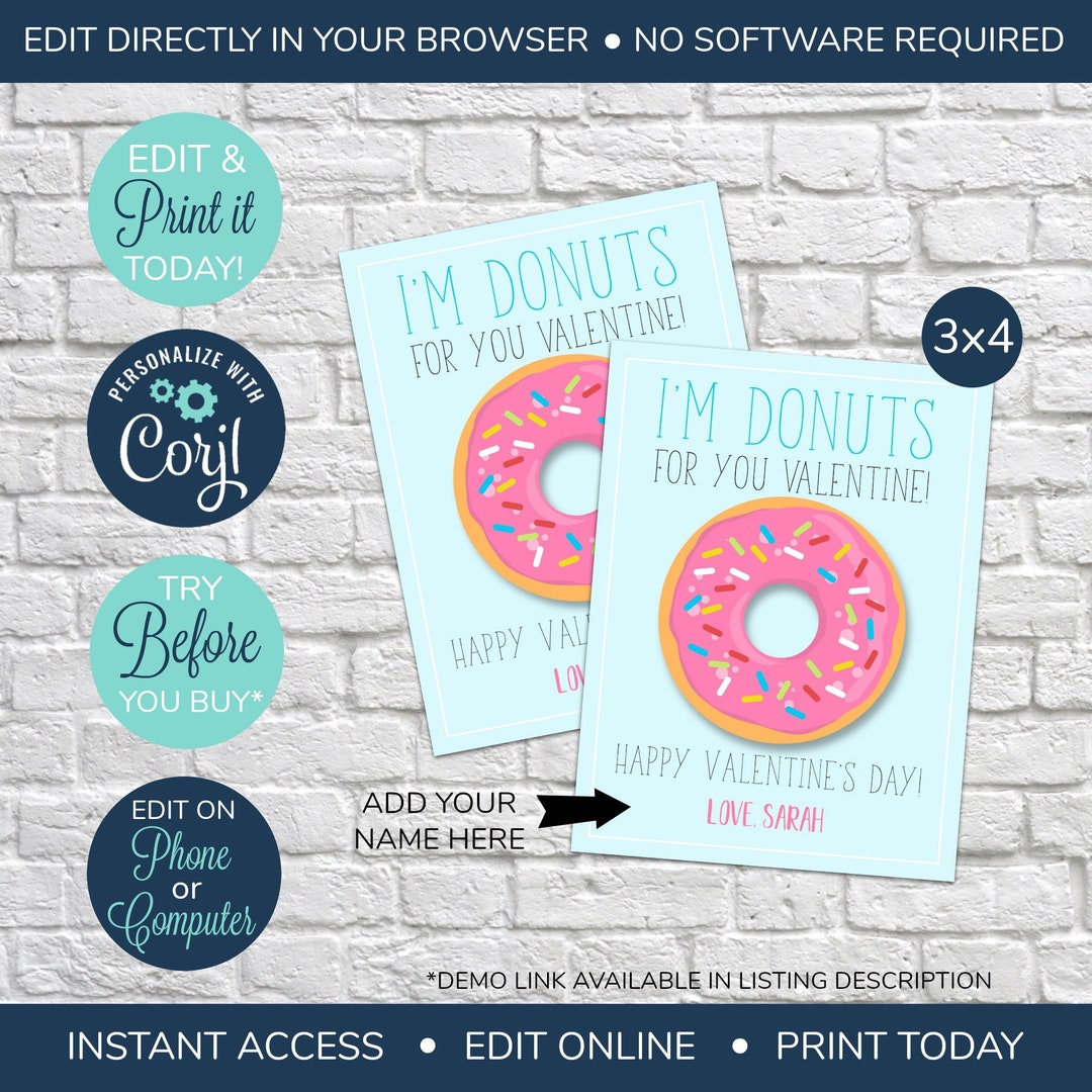 EDITABLE Classroom Valentine's Day Cards, Donuts About You, Donut ...