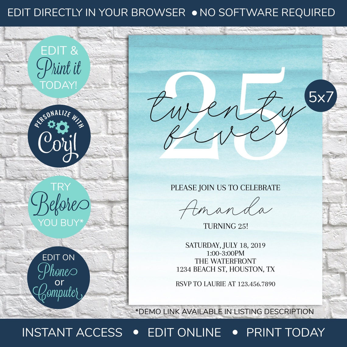EDITABLE 25th Birthday Invitation Twenty Five Invitation - Etsy
