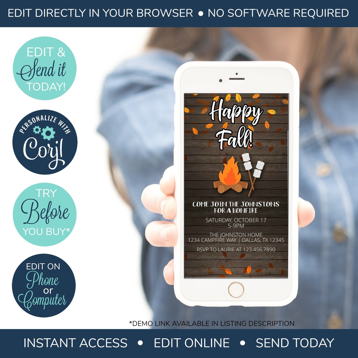 EDITABLE Electronic Fall Party Invitation, Bonfire Invitation, Autumn ...