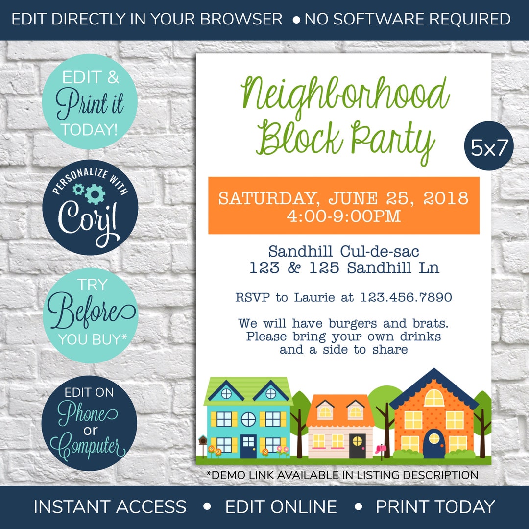 EDITABLE Neighborhood Block Party Invitation, Neighborhood Open House ...