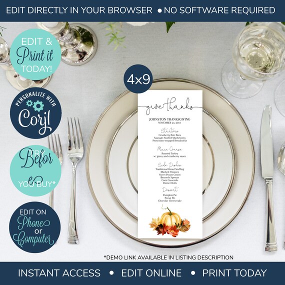 EDITABLE Thanksgiving Menu Card Template Friendsgiving Menu | Etsy