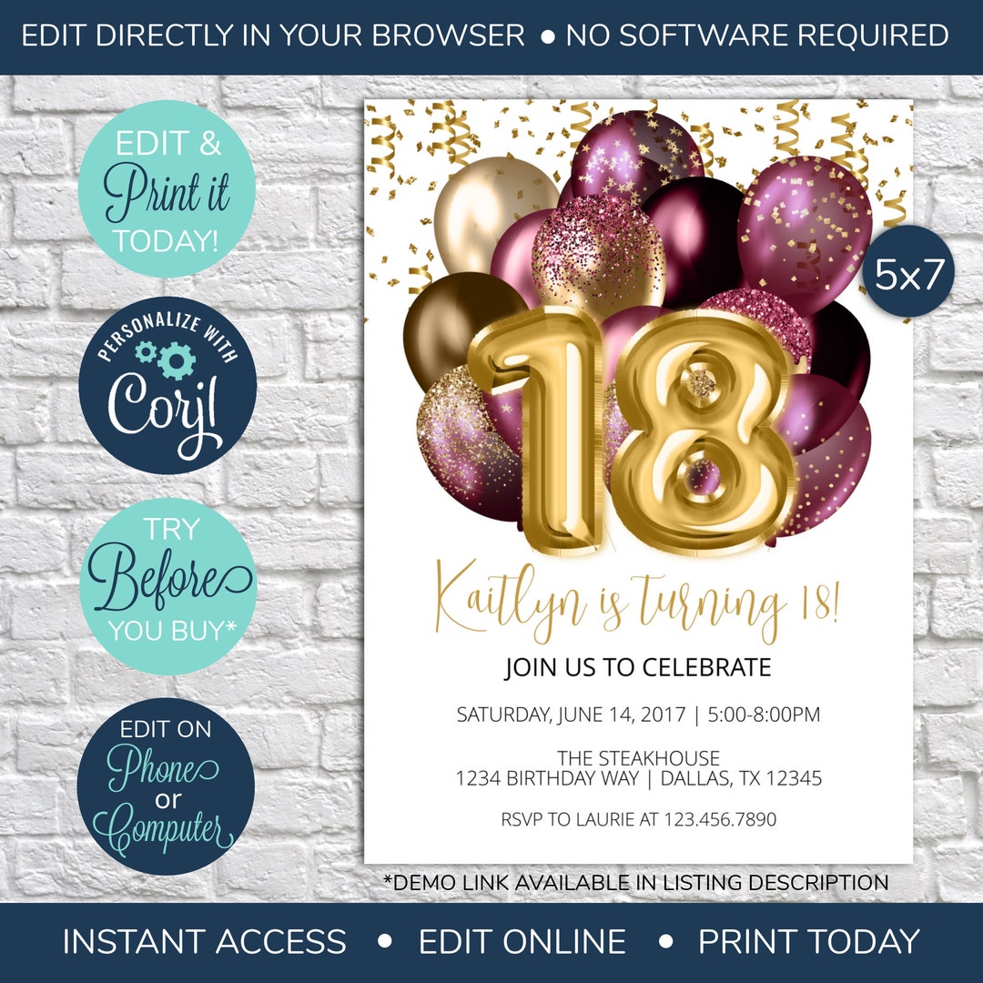 EDITABLE 18th Birthday Invitation, Burgundy and Gold 18th Invitation ...