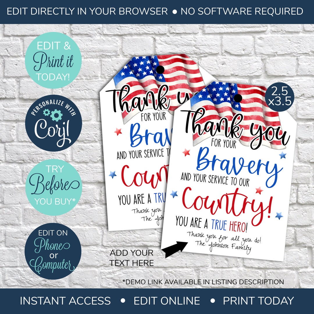 EDITABLE Military Thank You Gift Tag, Thank You for Your Service ...