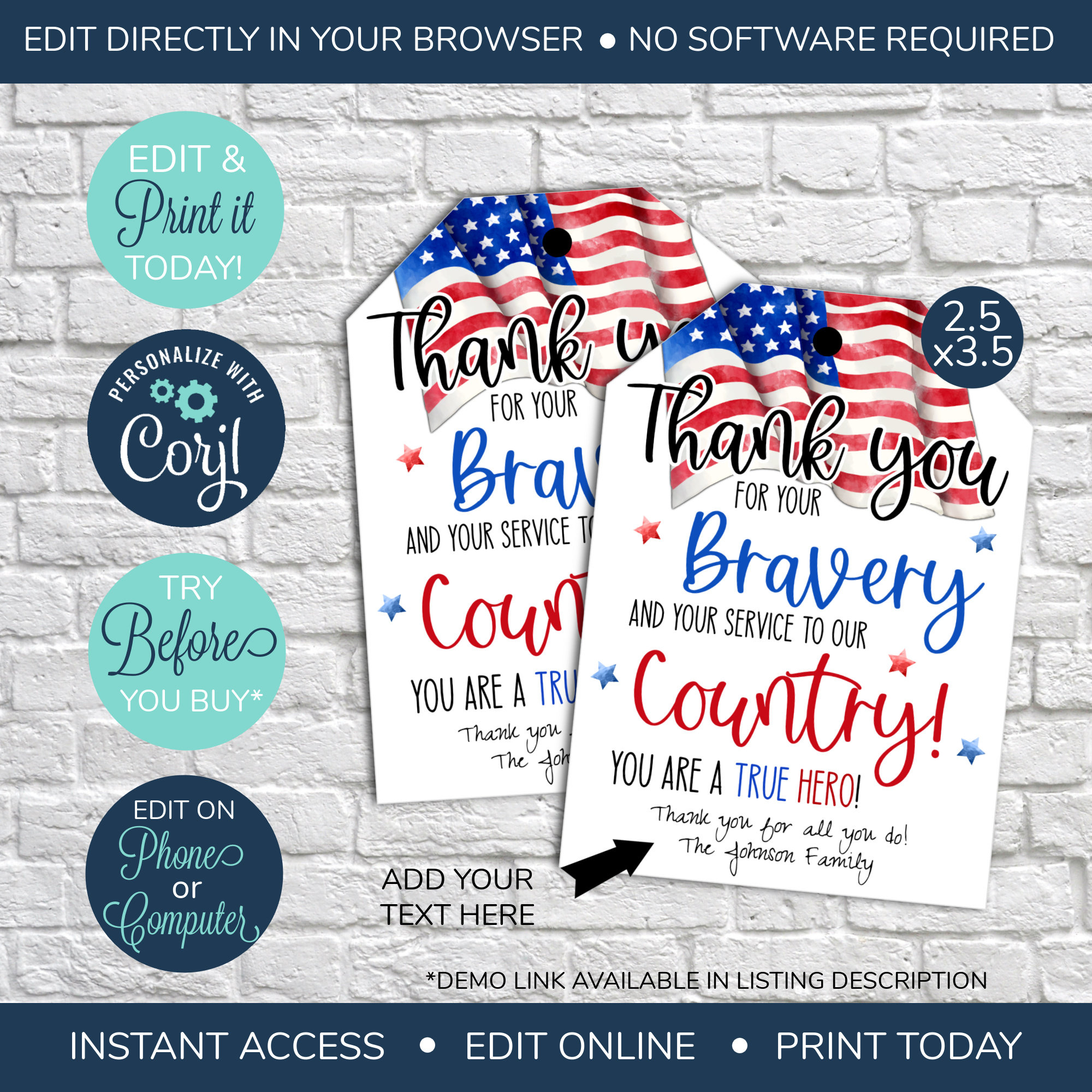 EDITABLE Military Thank You Gift Tag, Thank You for Your Service ...