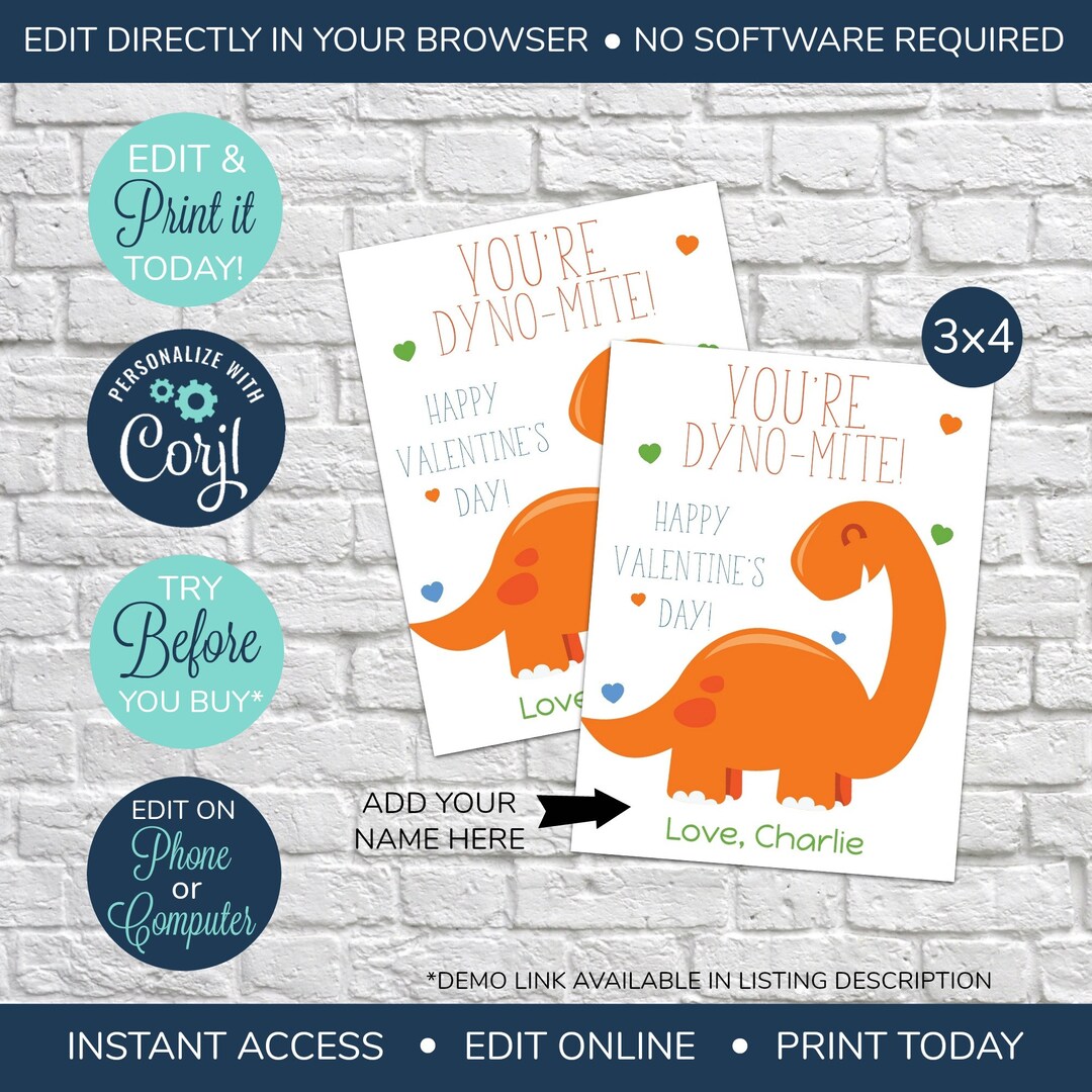 EDITABLE Classroom Valentine's Day Cards, You're Dyno-mite, Dinosaur ...