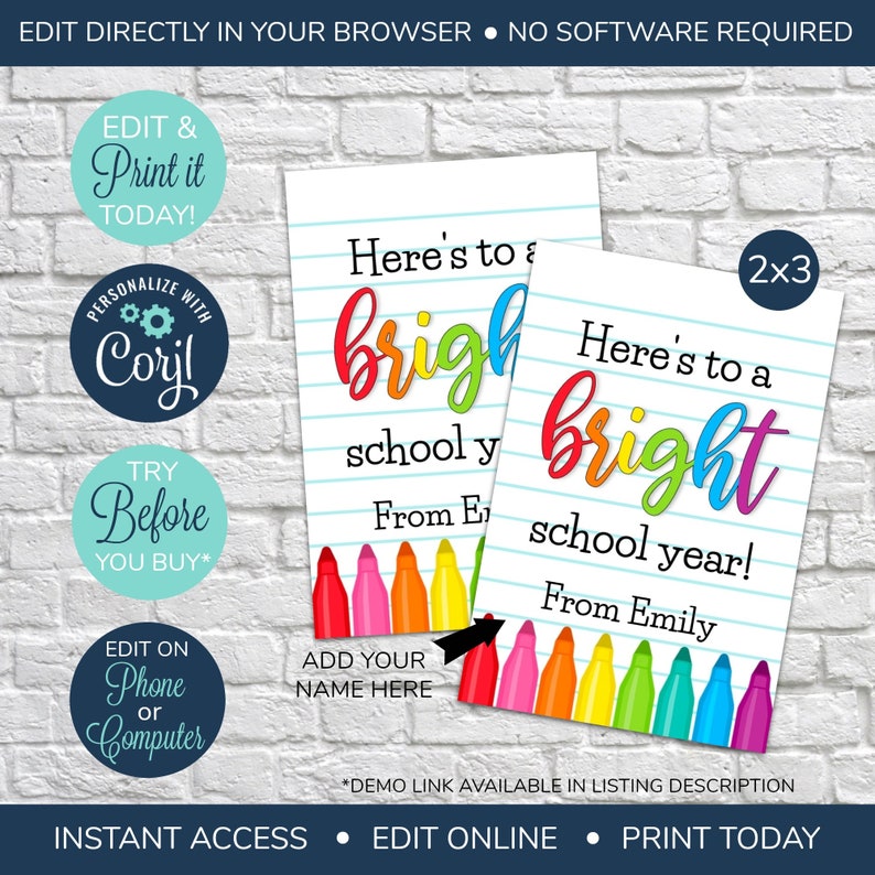 EDITABLE Back to School Teacher Gift Tag, Bright School Year Tag, First ...