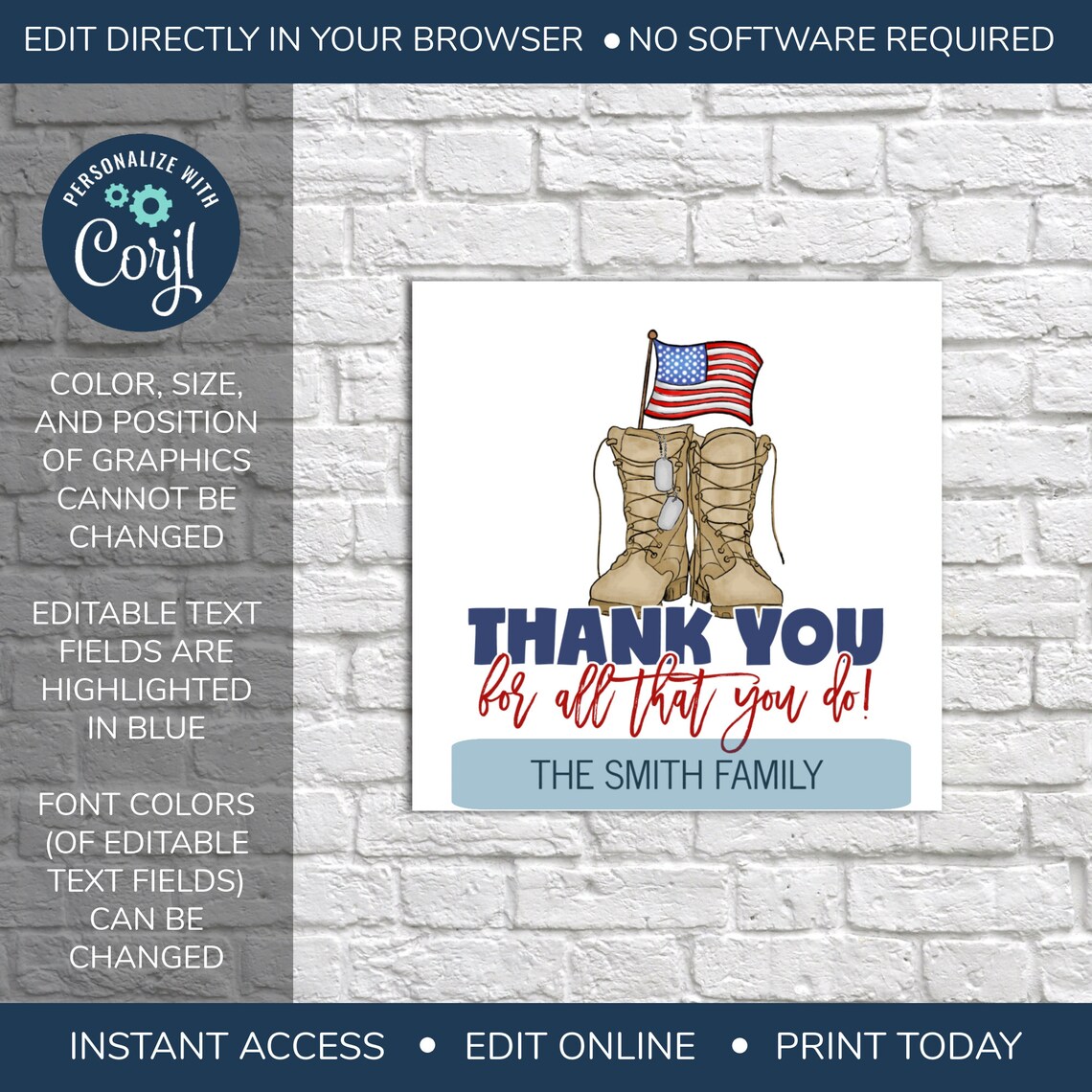 EDITABLE Military Thank You Gift Tag, Thank You for Your Service ...