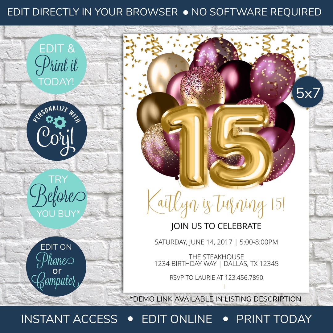 EDITABLE 15th Birthday Invitation, Burgundy and Gold 15th Invitation ...