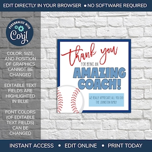 EDITABLE Baseball Coach Appreciation Gift Tag, Coach Gift Tag, Baseball ...