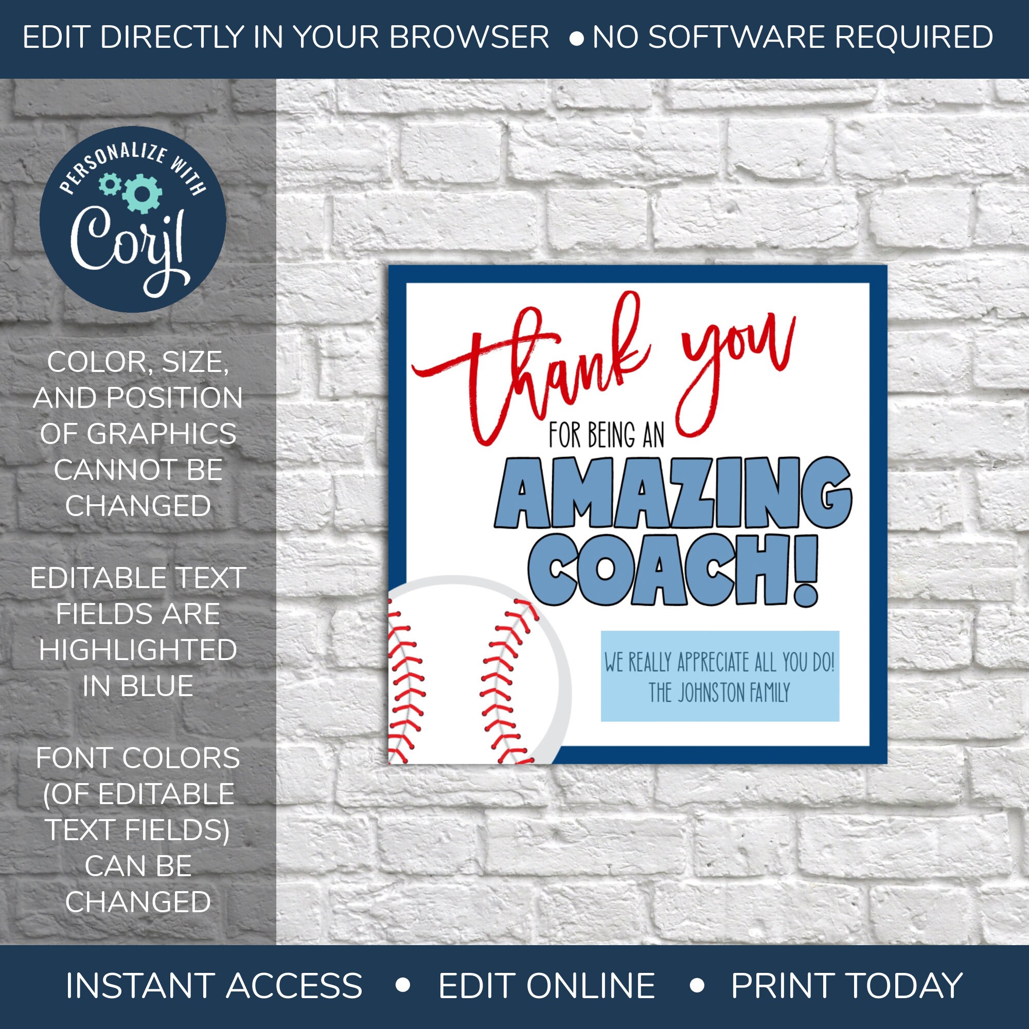 EDITABLE Baseball Coach Appreciation Gift Tag, Coach Gift Tag, Baseball ...