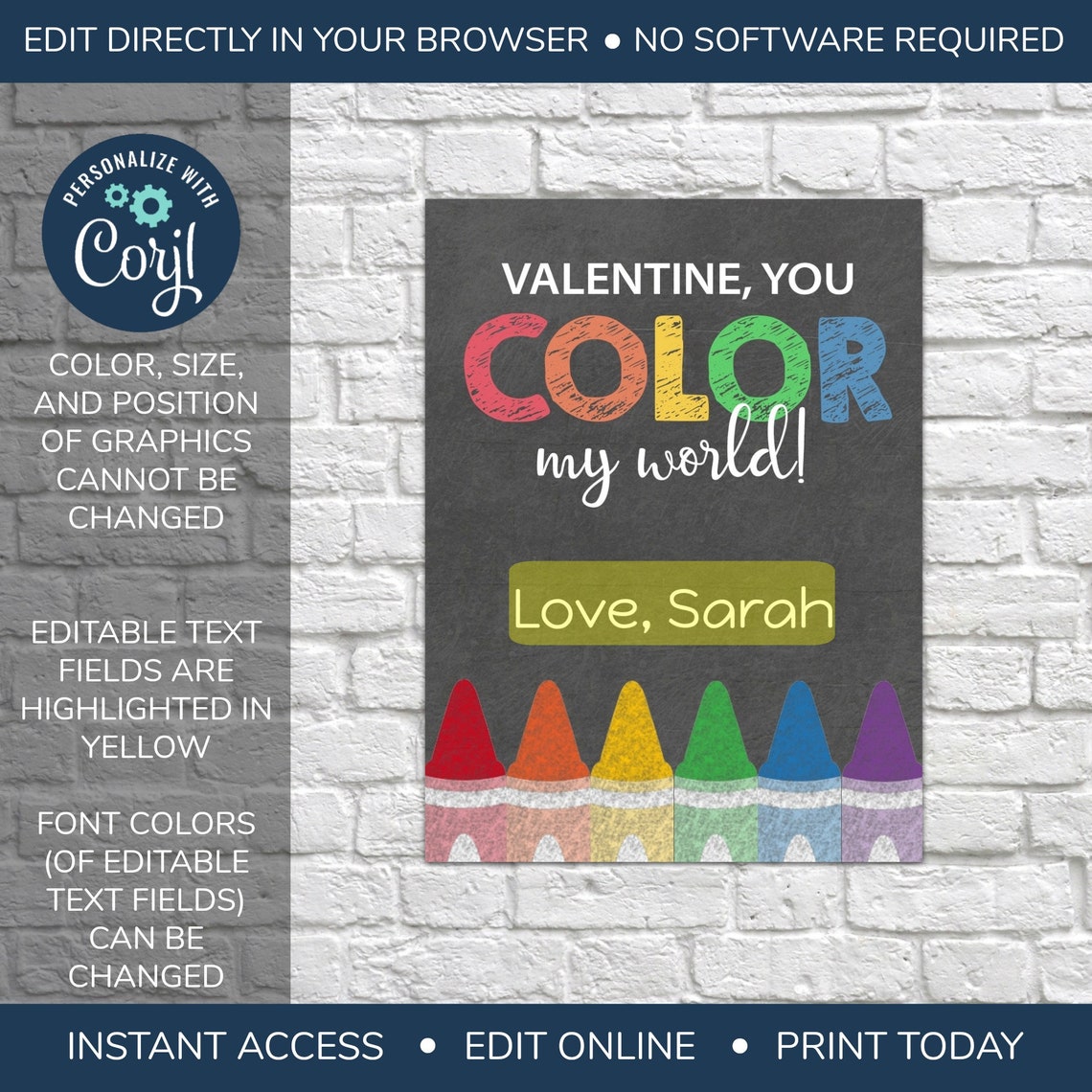 EDITABLE Classroom Valentine's Day Cards, Valentine You Color My World ...