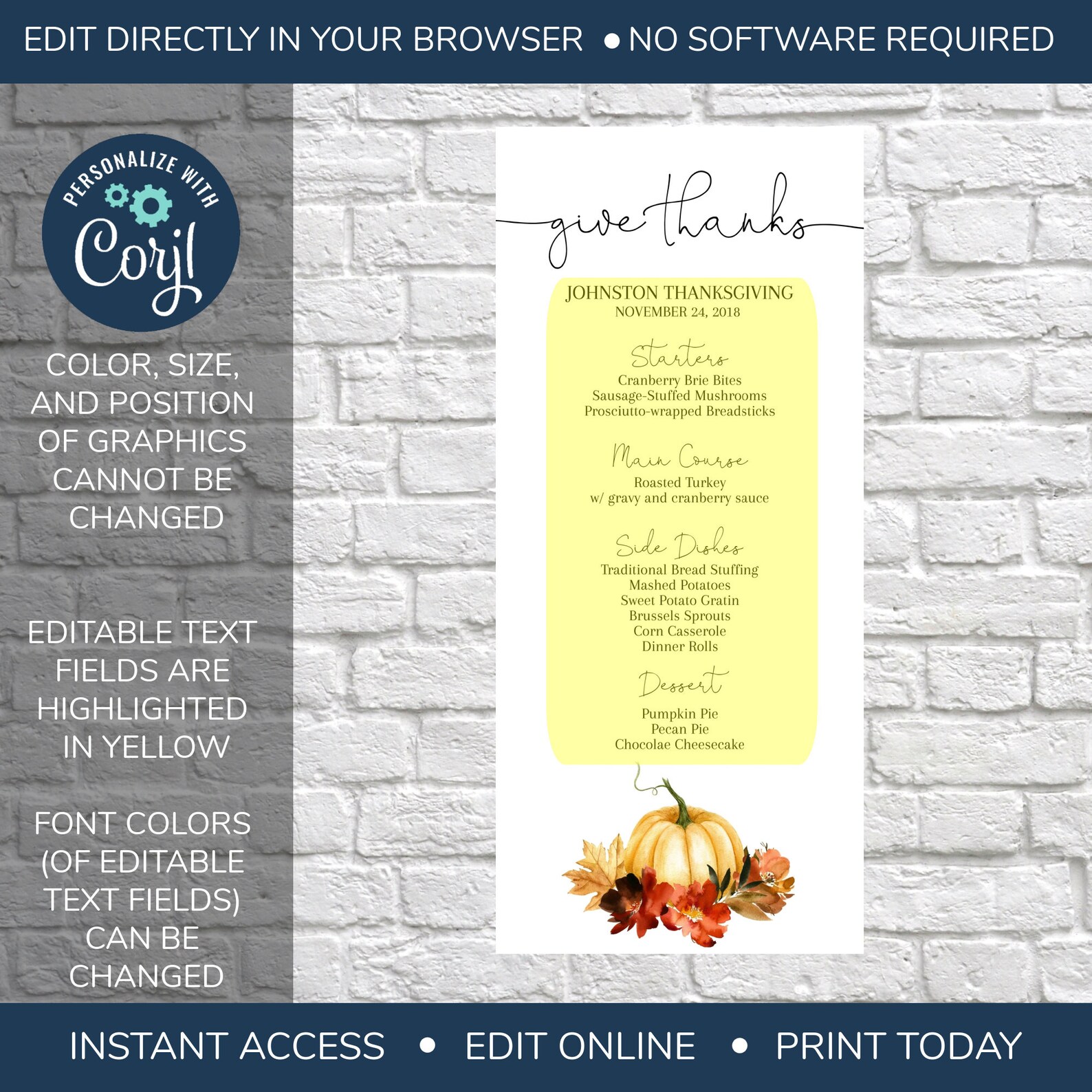 EDITABLE Thanksgiving Menu Card Template Friendsgiving Menu | Etsy