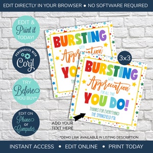 EDITABLE Bursting With Appreciation Gift Tag, Thank You Frontline ...
