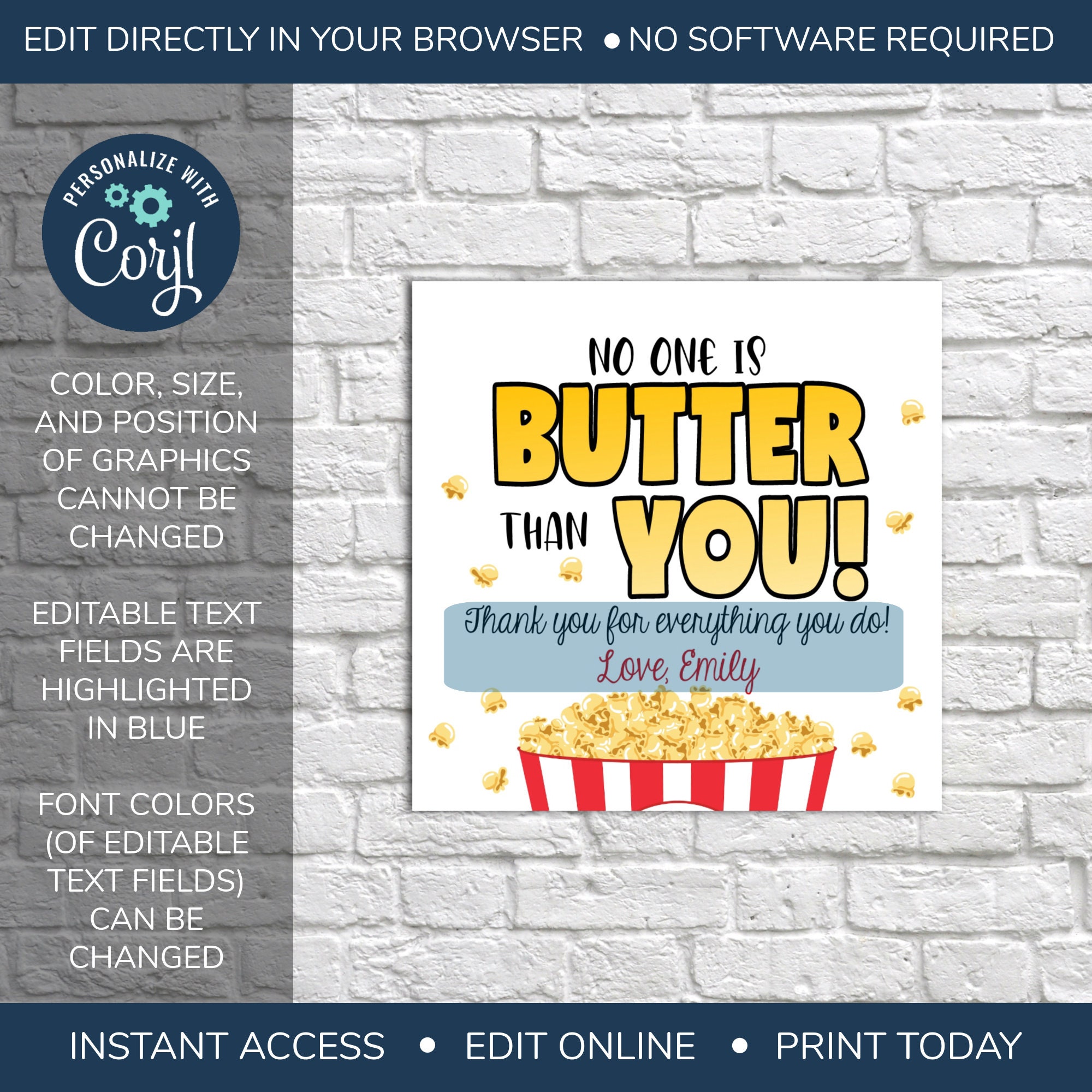 EDITABLE Popcorn Appreciation Gift Tag, Teacher Staff Employee School ...