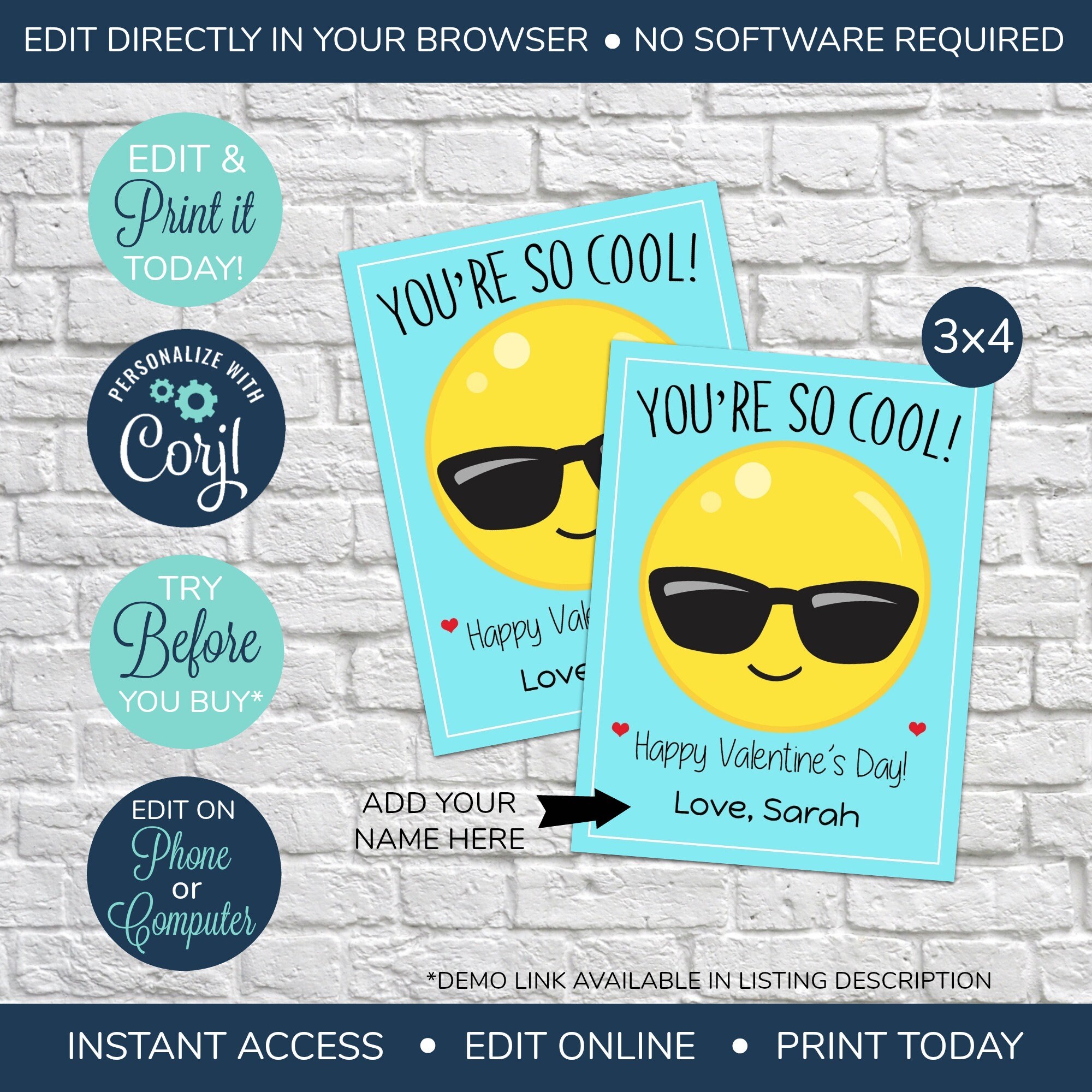 EDITABLE Classroom Valentine's Day Cards, You're so Cool, Emoji ...