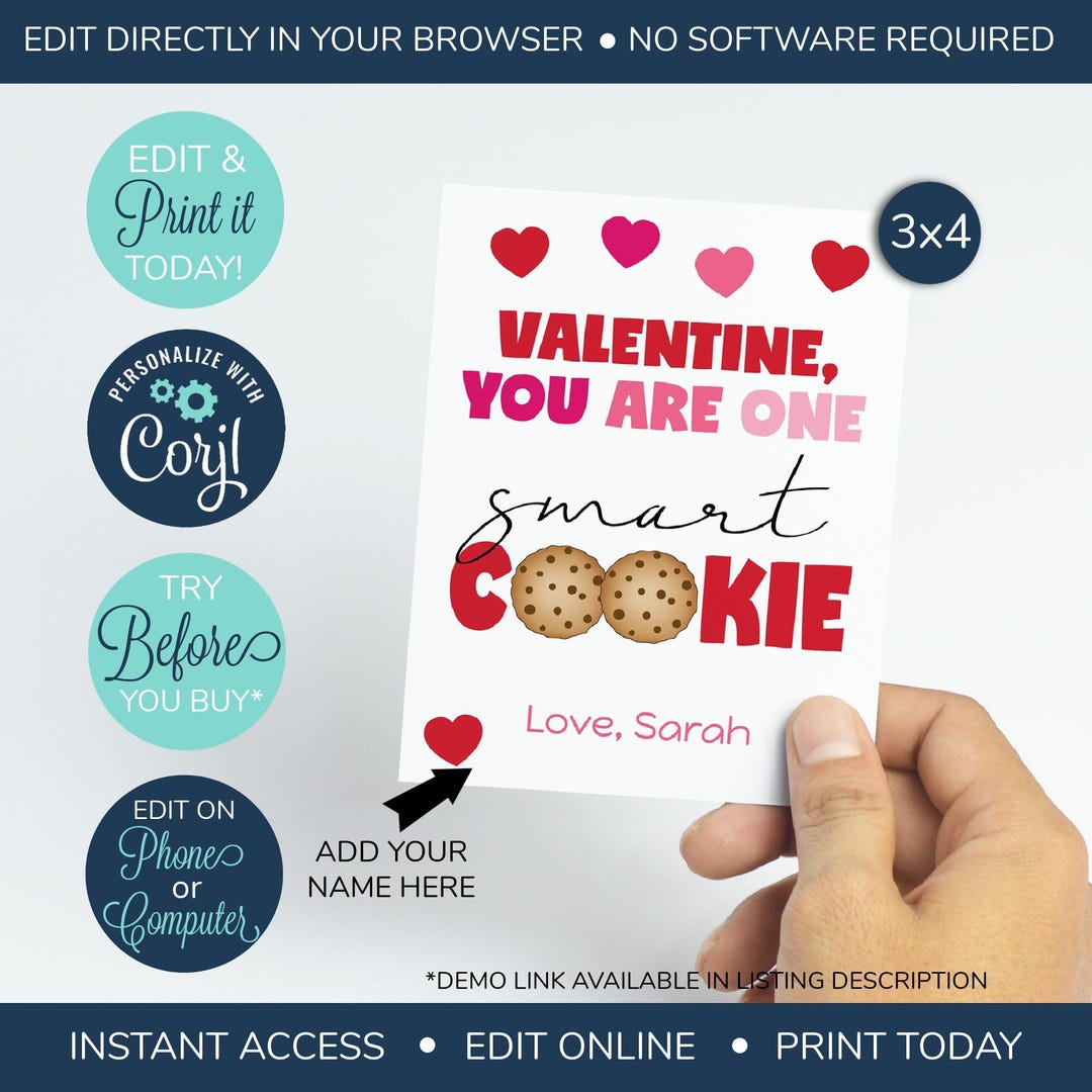 EDITABLE Classroom Valentine's Day Cards, You Are One Smart Cookie ...