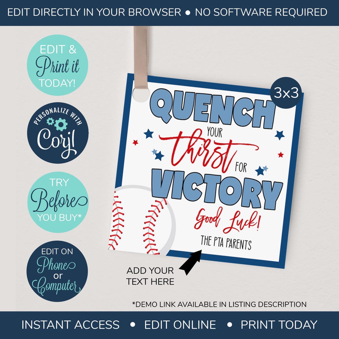 EDITABLE Good Luck Baseball Tag, Quench Your Thirst for Victory Tag ...
