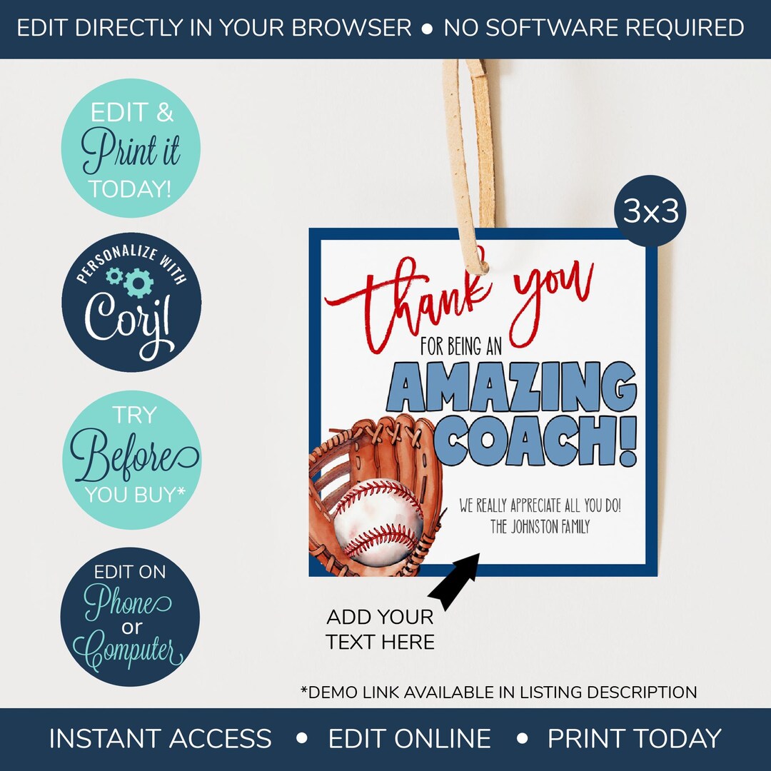 EDITABLE Baseball Coach Appreciation Gift Tag, Coach Gift Tag, Baseball ...