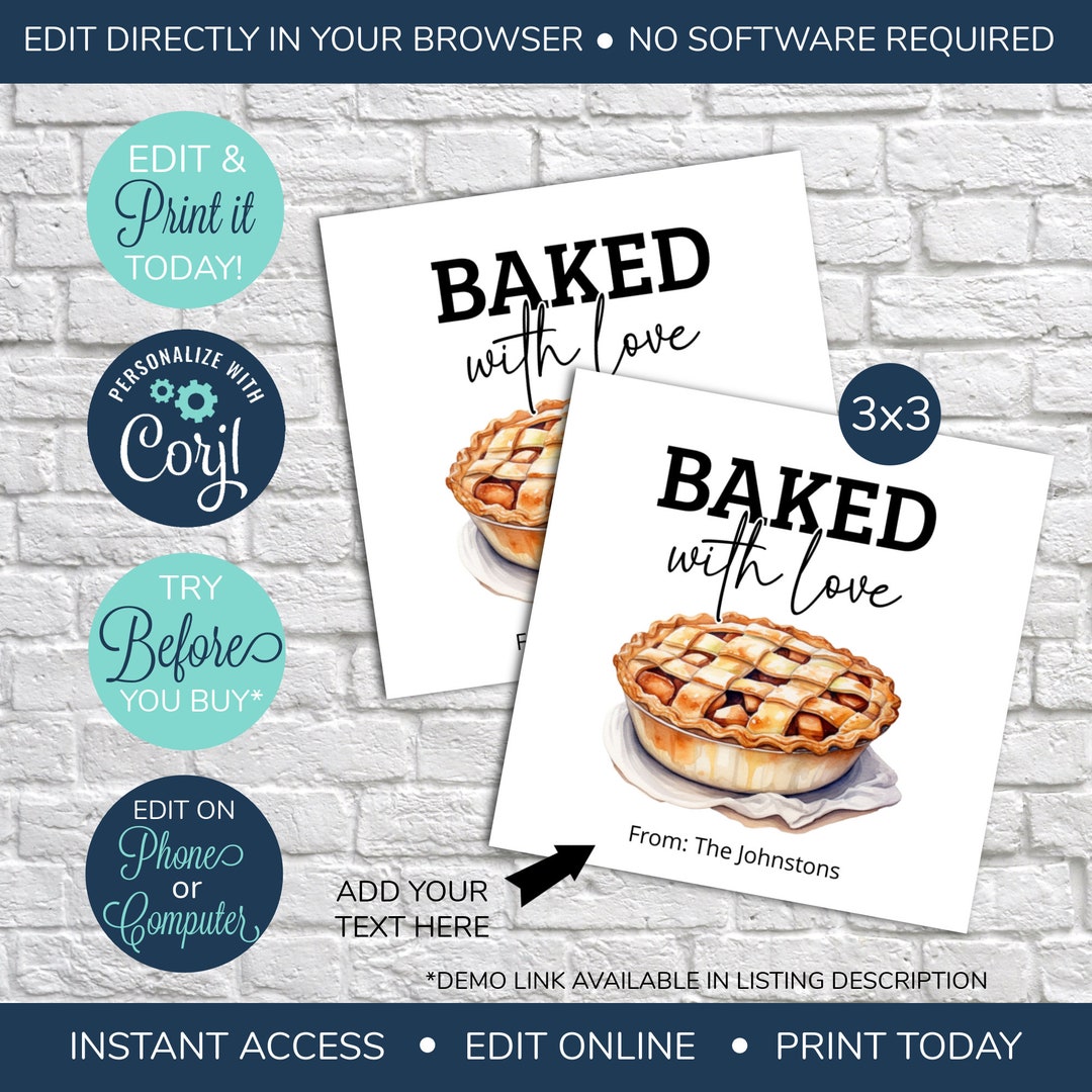 EDITABLE Baked With Love Tag, Printable Food and Baked Goods Tags, From ...