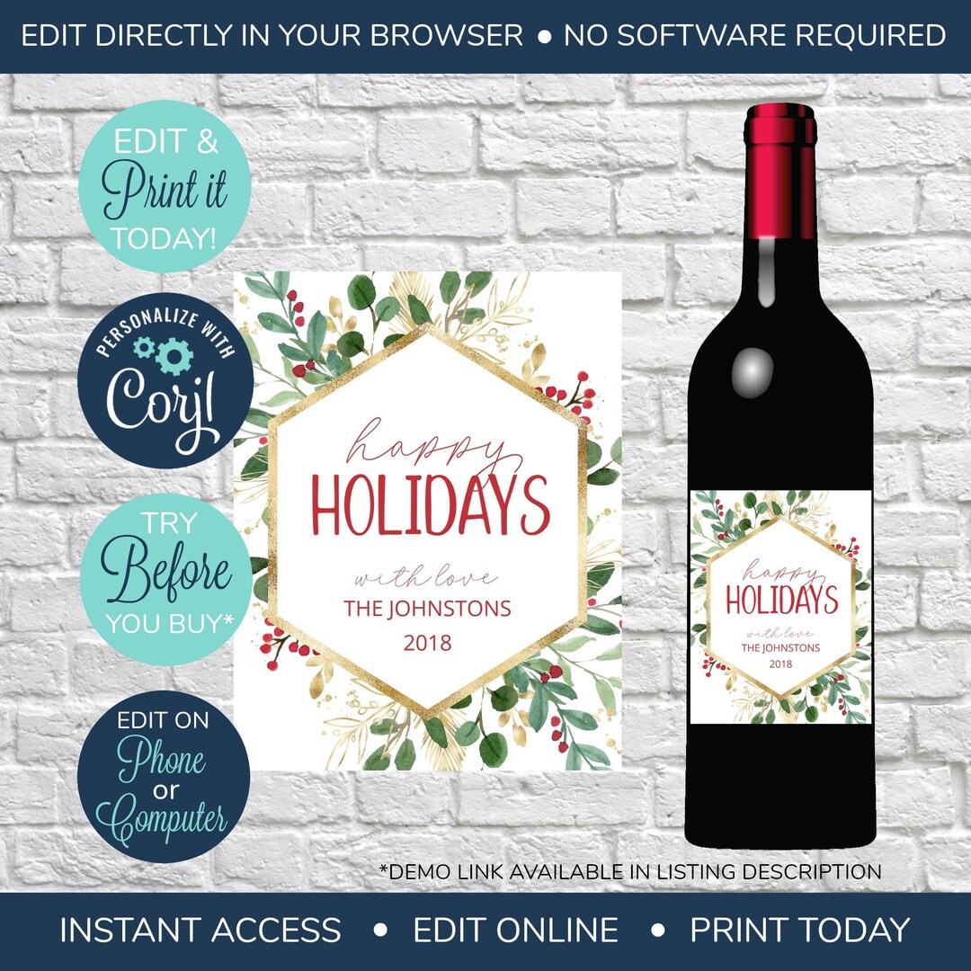 EDITABLE Christmas Wine Label, Happy Holidays, Printable Wine Bottle ...
